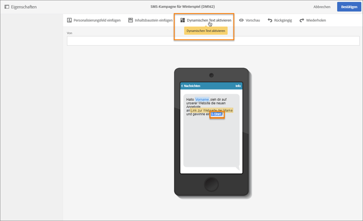 Dynamische Texte definieren | Adobe Campaign