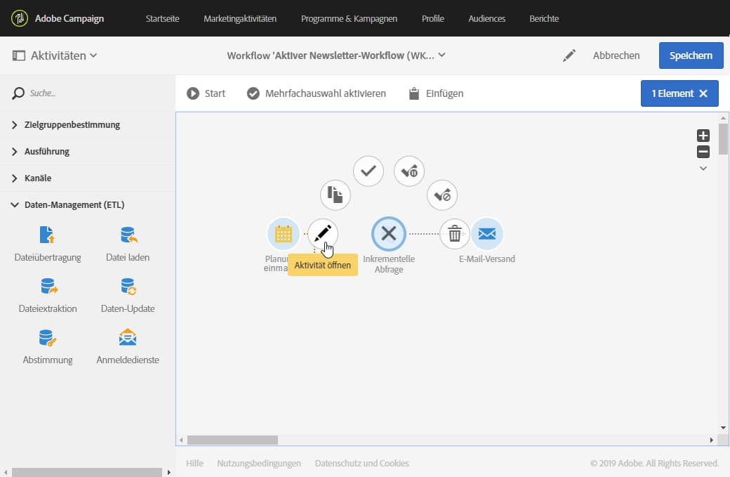 Workflow-Oberfläche | Adobe Campaign