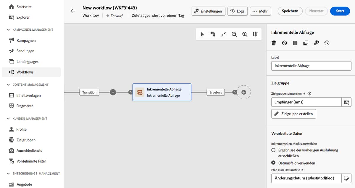 Verwenden der Workflow-Aktivität „Inkrementelle Abfrage“ | Adobe Campaign