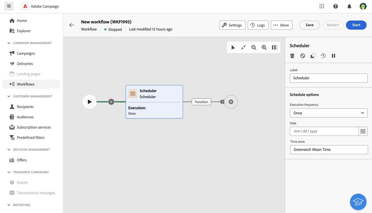 Verwenden der Workflow-Aktivität „Planung“ | Adobe Campaign