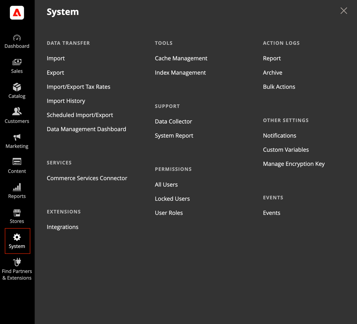System menu | Adobe Commerce
