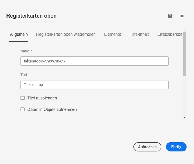 Kernkomponente „Horizontale Registerkarten“ für adaptive Formulare | Adobe Experience Manager