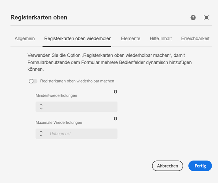 Kernkomponente „Horizontale Registerkarten“ für adaptive Formulare | Adobe Experience Manager