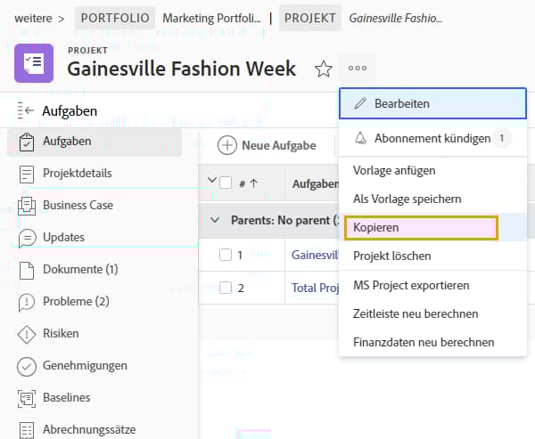 Ein bestehendes Projekt kopieren | Adobe Workfront