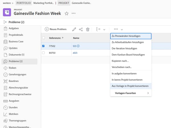 Konvertieren eines Problems/einer Anfrage in ein Projekt | Adobe Workfront