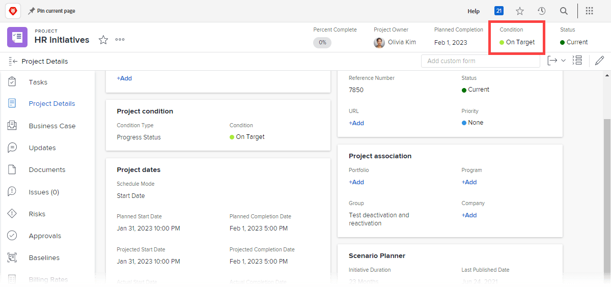 Festlegen einer benutzerdefinierten Bedingung als Standard für Projekte | Adobe Workfront