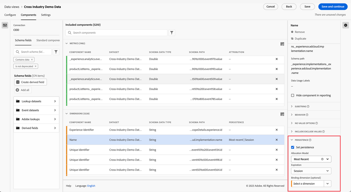 Persistence component settings | Adobe Customer Journey Analytics