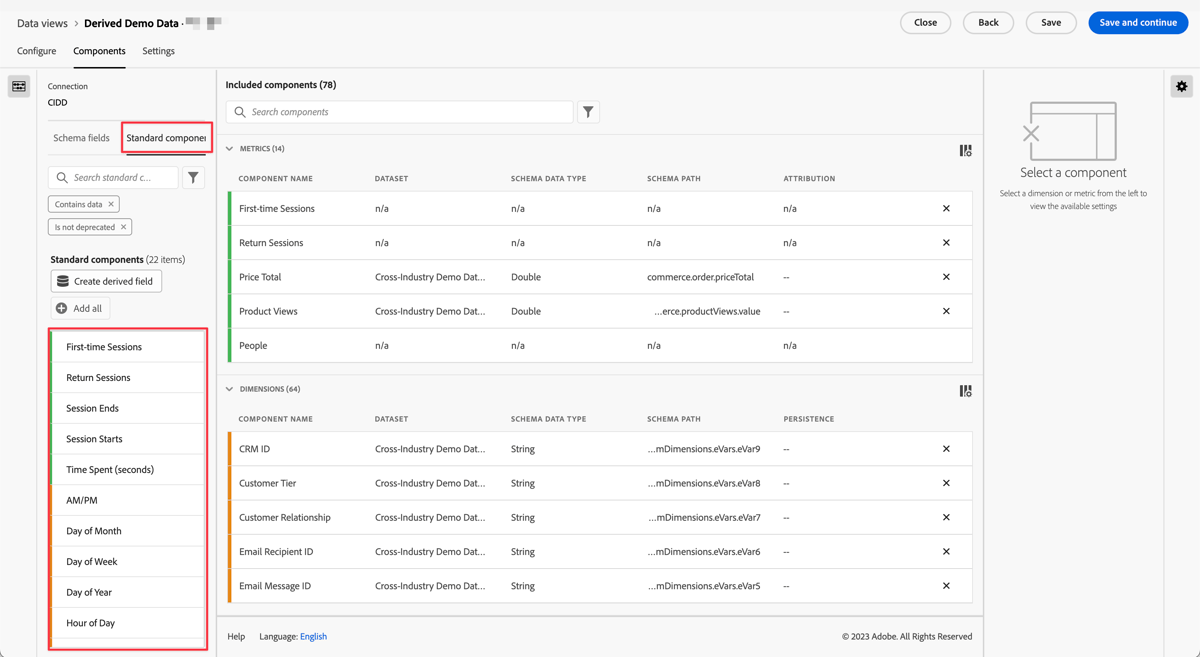 Standard component reference | Adobe Customer Journey Analytics