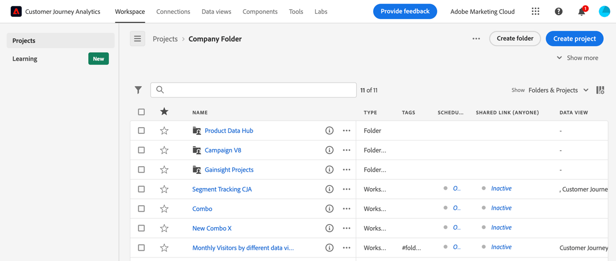 Folders overview | Adobe Customer Journey Analytics