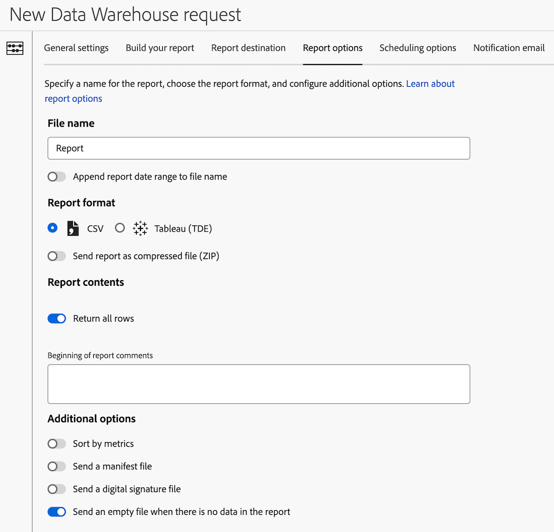 Configure report options for a Data Warehouse request | Adobe Analytics