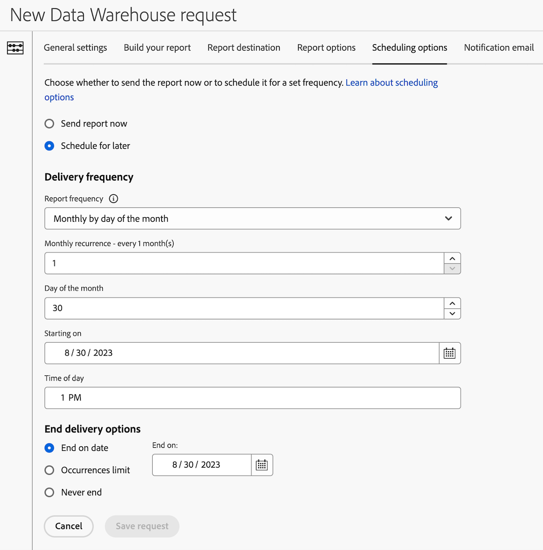Configure a report destination for a Data Warehouse request | Adobe ...