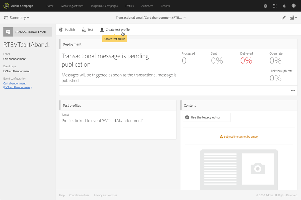 Testing a transactional message | Adobe Campaign