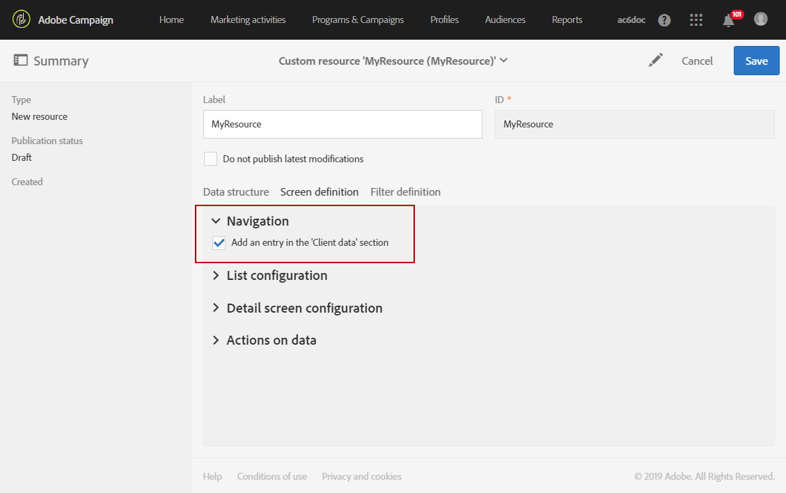 Configuring the screen definition | Adobe Campaign
