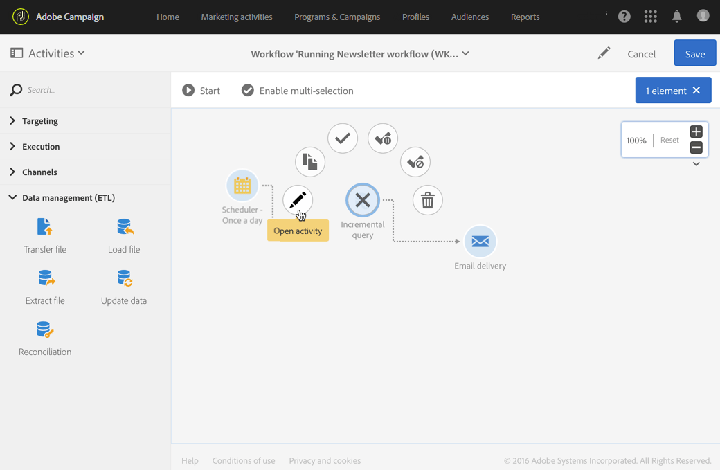 Workflow interface | Adobe Campaign