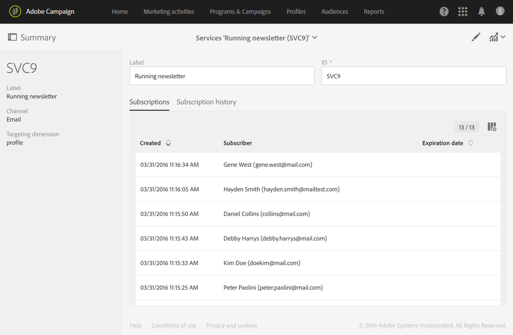 Monitoring subscriptions | Adobe Campaign