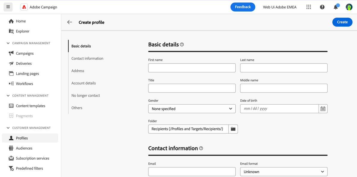 Create a profile | Adobe Campaign
