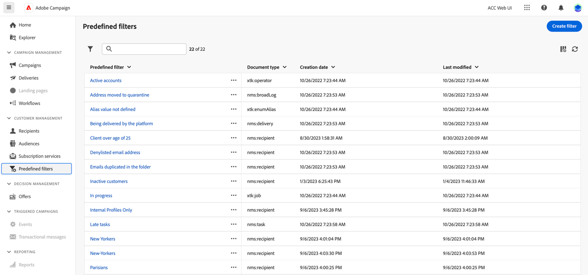 Work with predefined filters | Adobe Campaign