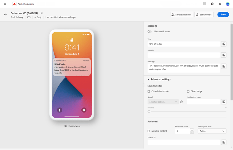 Design a push notification delivery | Adobe Campaign