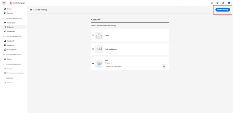 Create a SMS delivery | Adobe Campaign