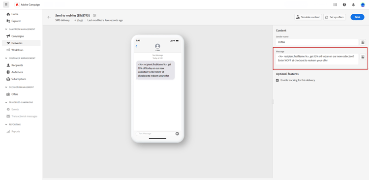 Design a SMS delivery | Adobe Campaign