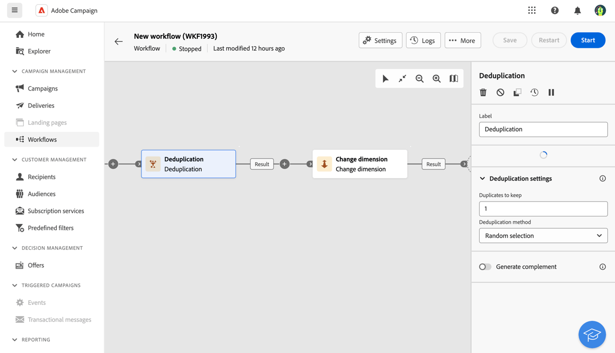 Use the Deduplication workflow activity | Adobe Campaign