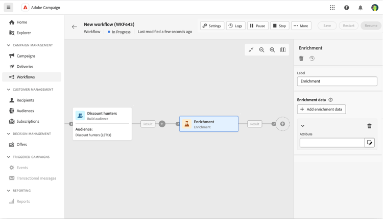 Use the Enrichment workflow activity | Adobe Campaign