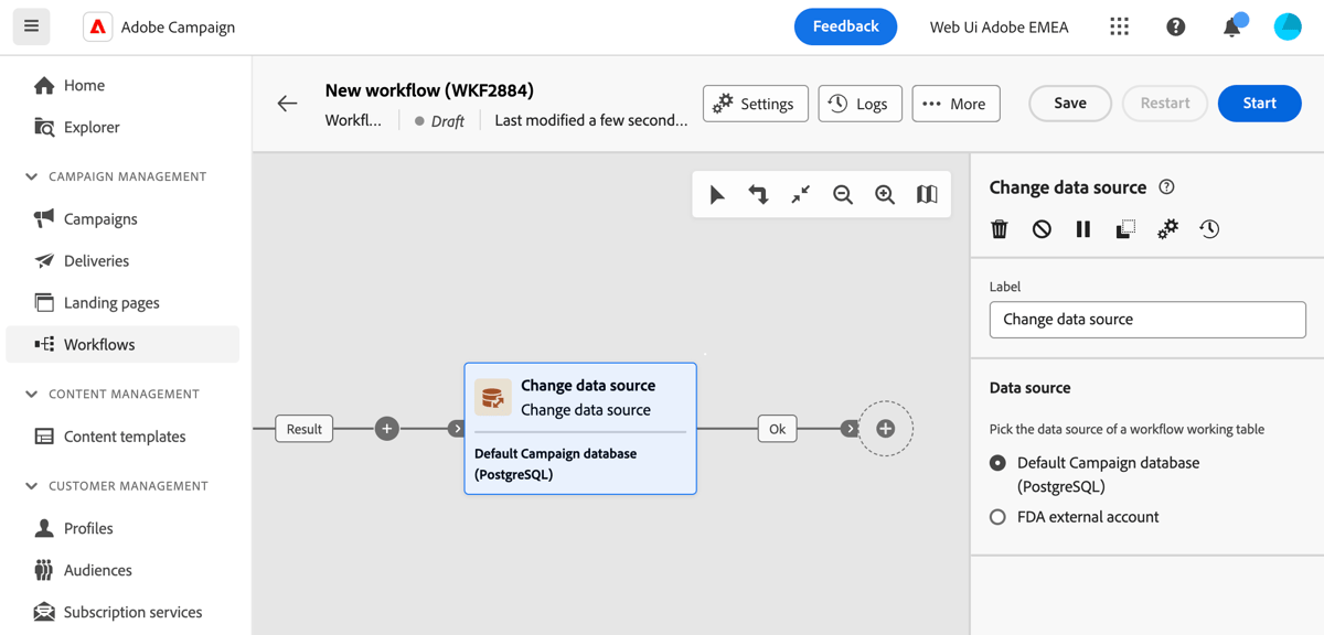 Use the Change data source workflow activity | Adobe Campaign
