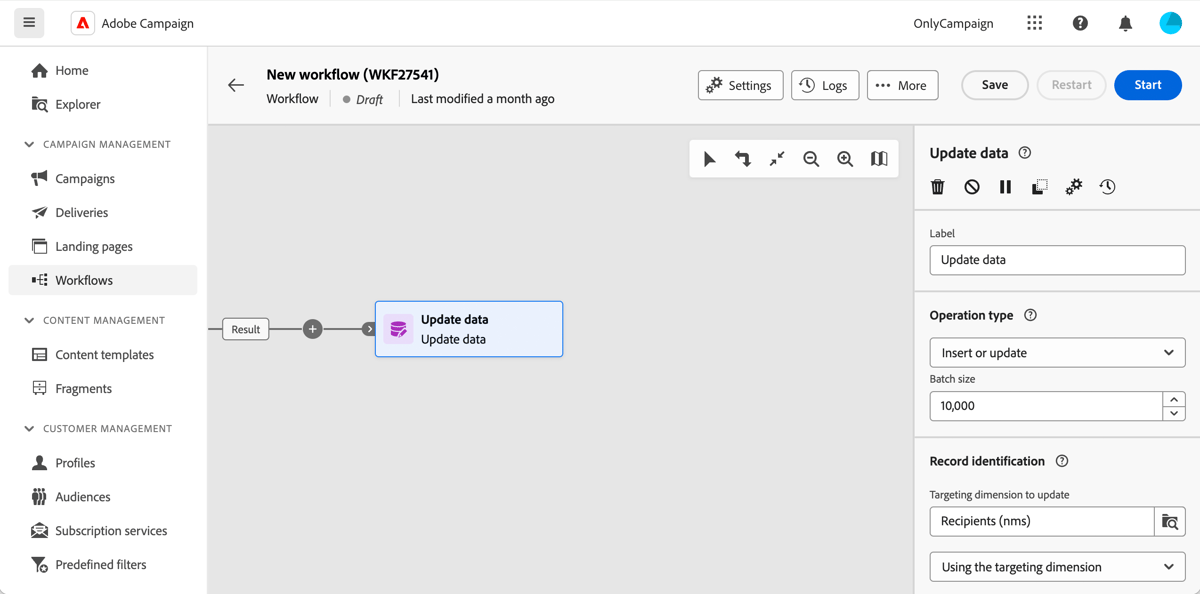 Use the Update data workflow activity | Adobe Campaign