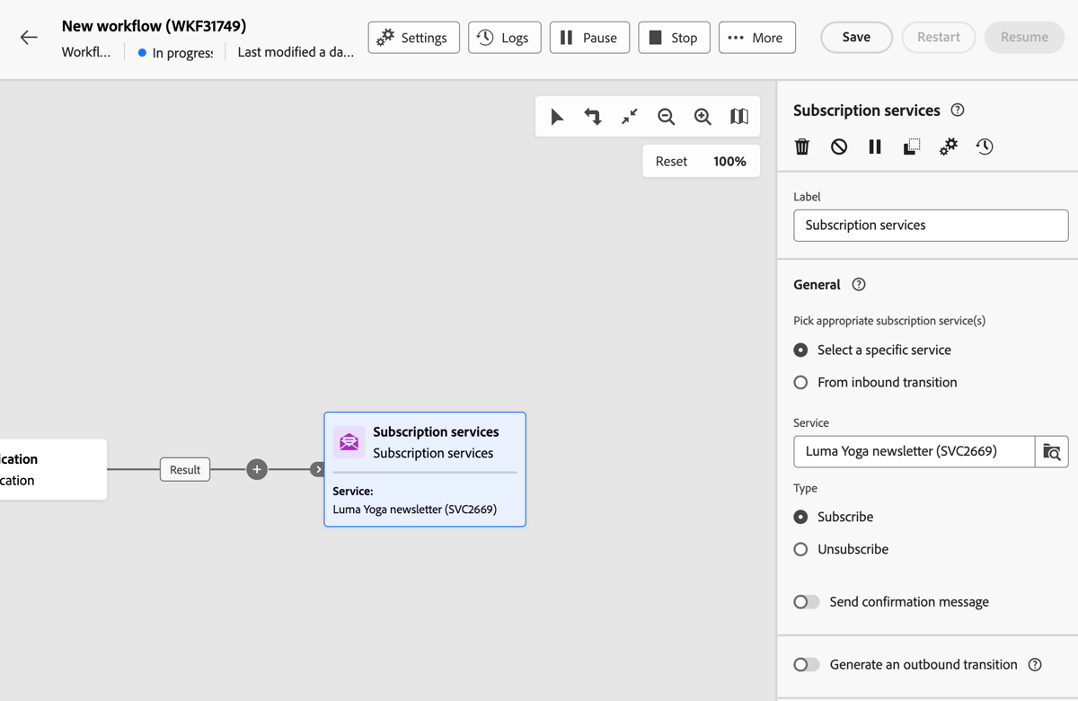 Use the Subscription services activity | Adobe Campaign