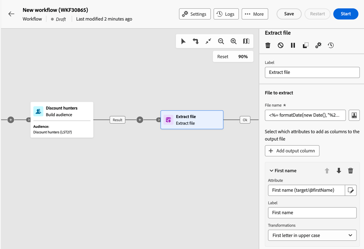 Use the Extract file workflow activity | Adobe Campaign