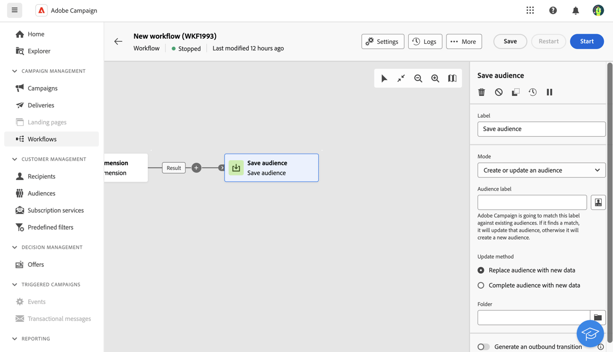 Use the Save audience workflow activity | Adobe Campaign