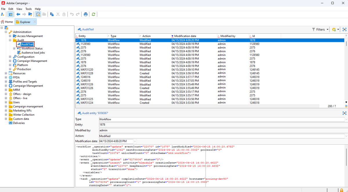 Audit trail | Adobe Campaign