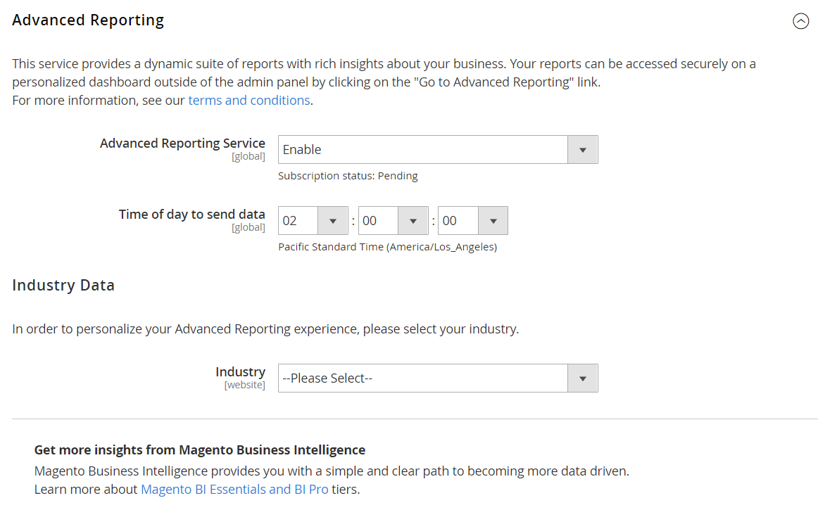 General > Advanced Reporting | Adobe Commerce