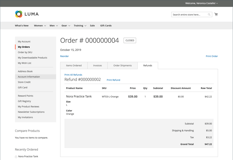 Refunds in the customer account dashboard | Adobe Commerce