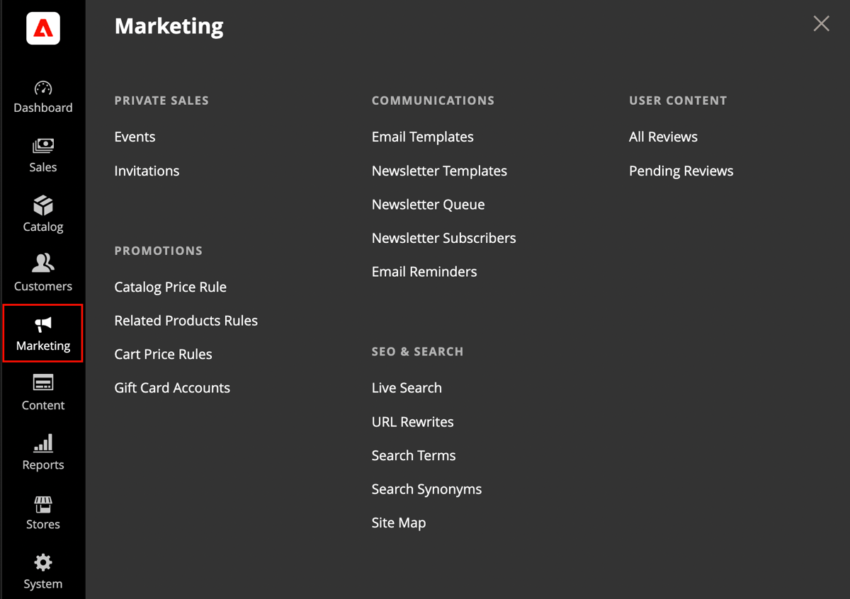 Marketing menu | Adobe Commerce