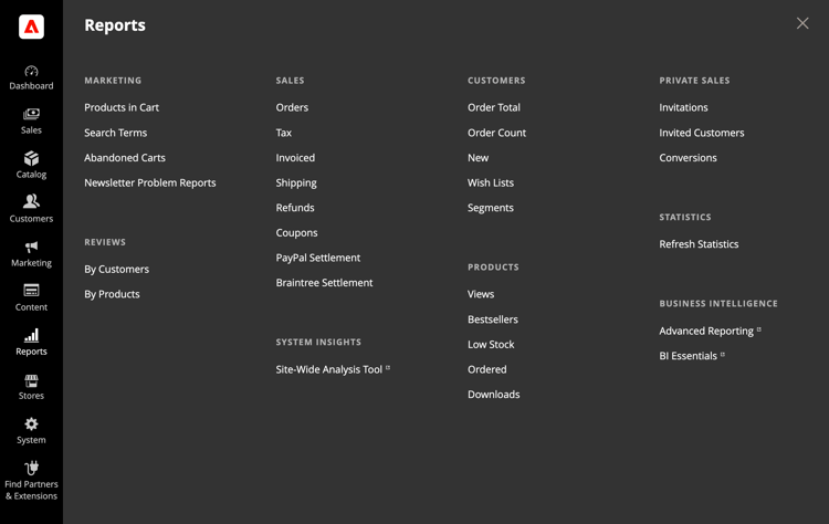Reports menu | Adobe Commerce