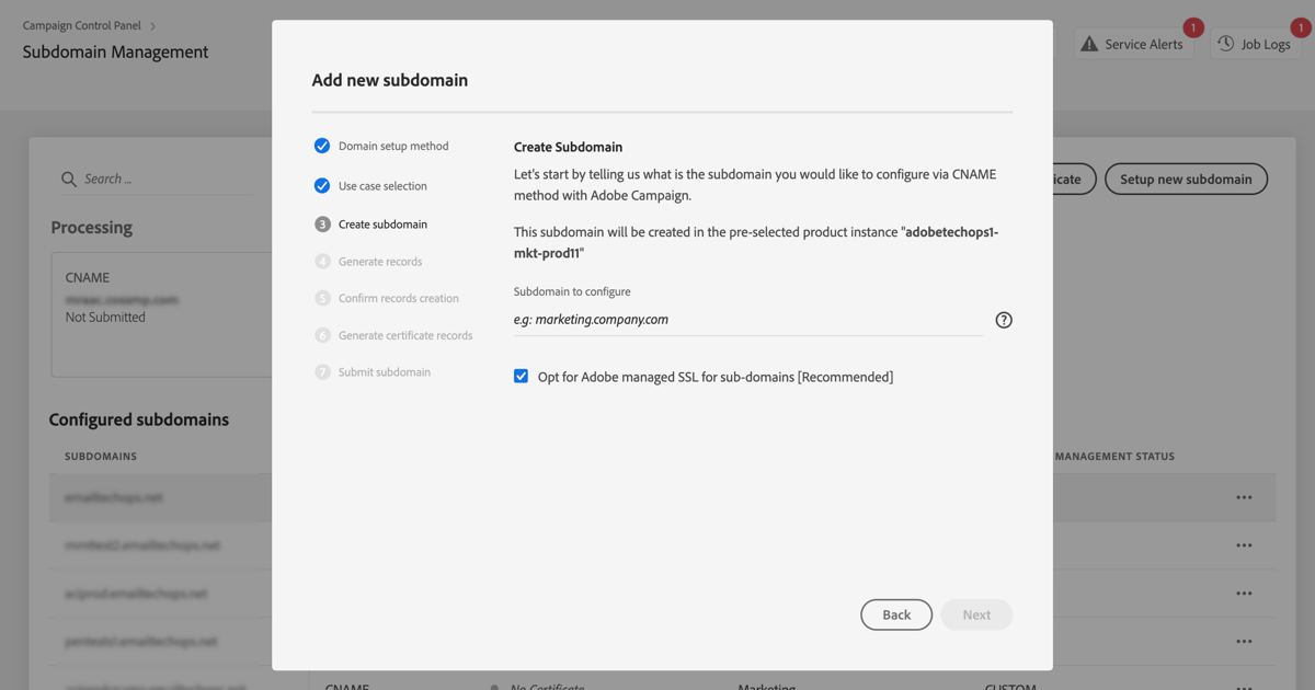 Delegate subdomains' SSL certificates to Adobe | Adobe Campaign