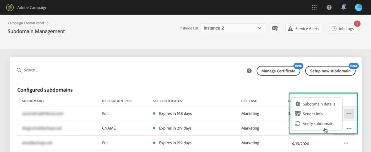 Monitoring your subdomains | Adobe Campaign