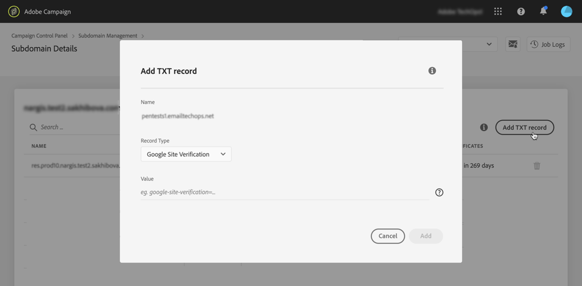 Add Google Site verification records for a subdomain | Adobe Campaign