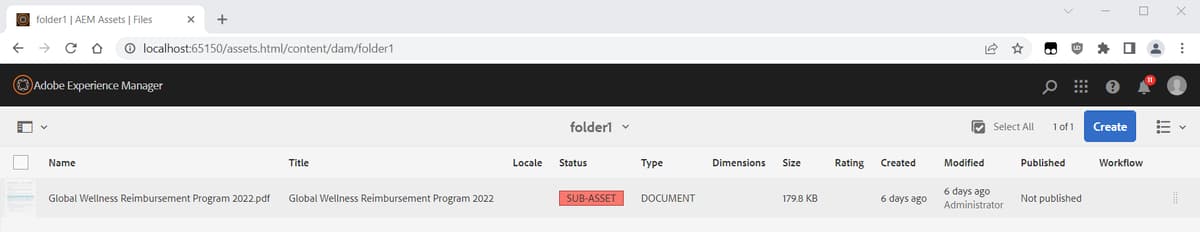 SUB-ASSET status displayed for Asset | Adobe Experience Manager