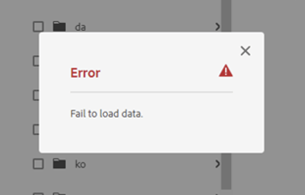 Adding assets to a translation job fails with "Fail to load data" error | Adobe Experience Manager