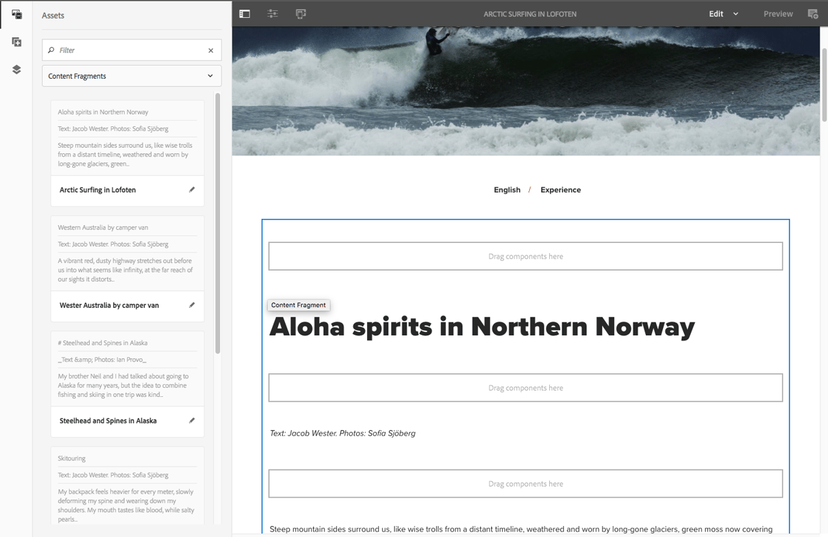 Content page authoring with Content Fragments | Adobe Experience Manager