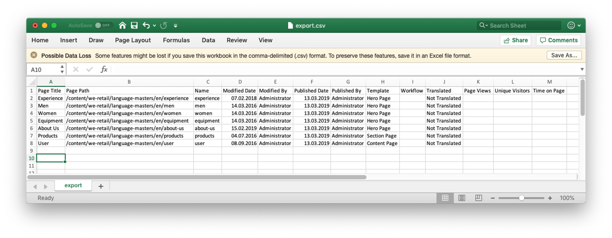 Export to CSV | Adobe Experience Manager