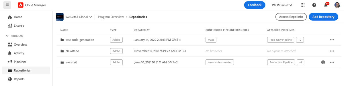 Managing Repositories in Cloud Manager | Adobe Experience Manager