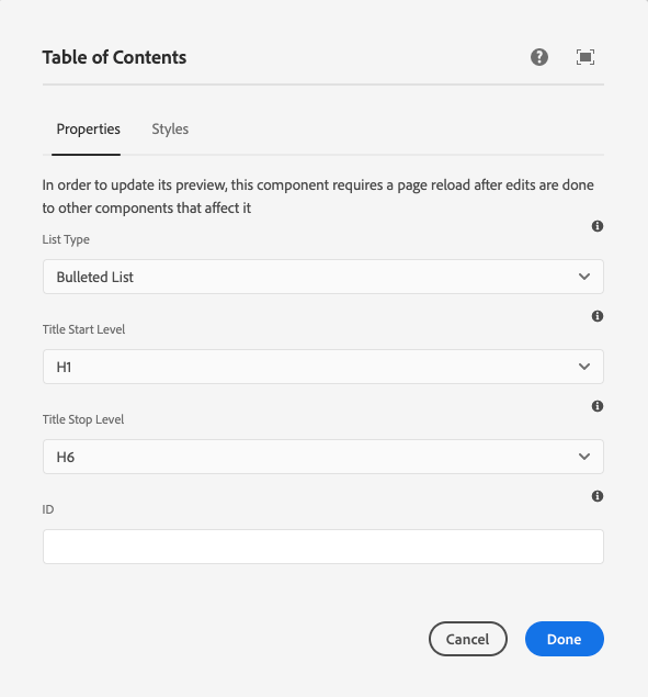 Table of Contents Component | Adobe Experience Manager