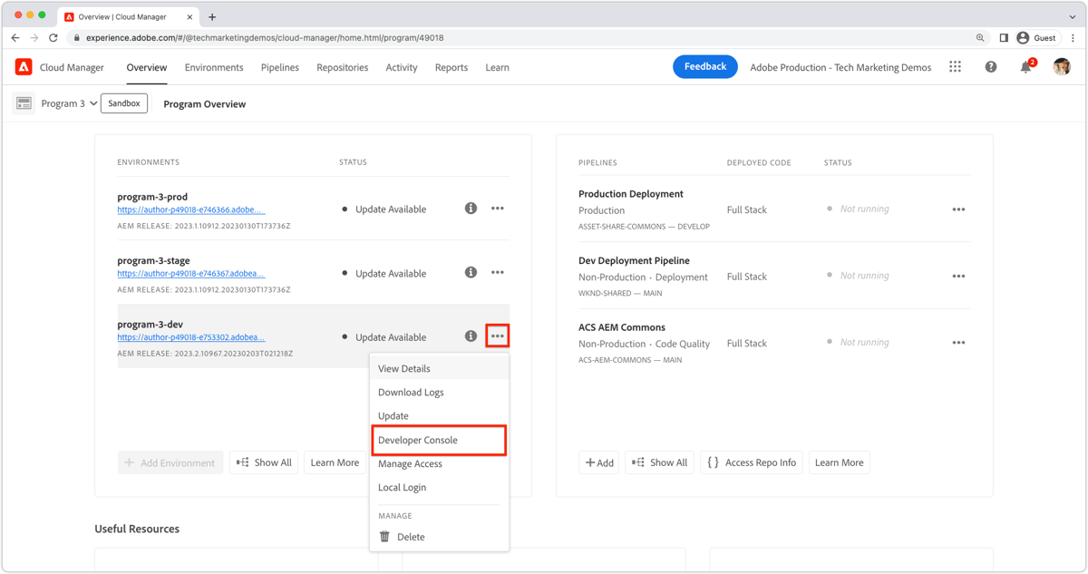 Developer console | Adobe Experience Manager