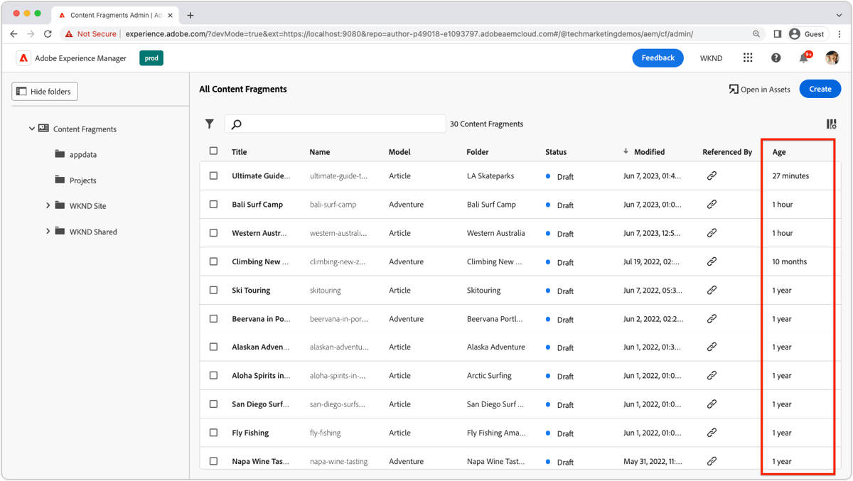 Custom grid columns in the Content Fragment Console | Adobe Experience ...