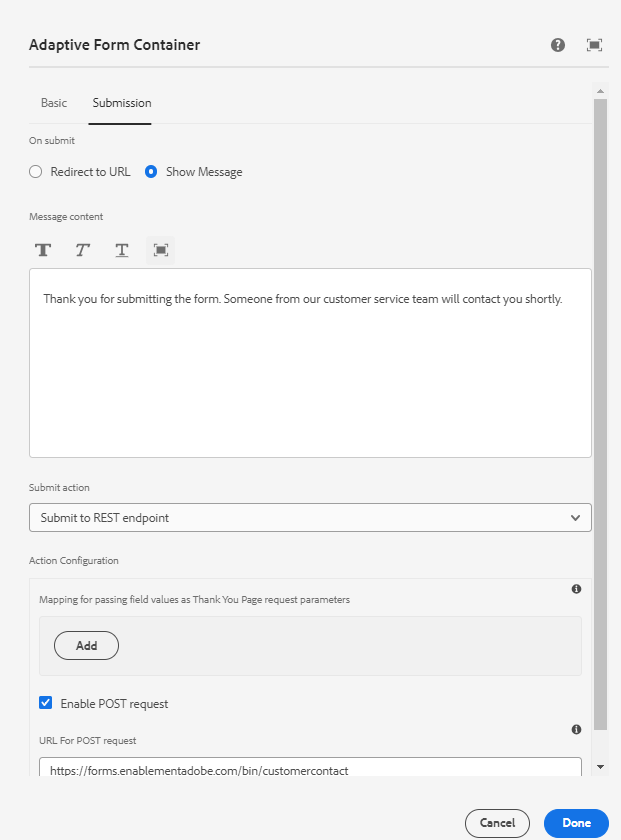 Display thank you message on form submission | Adobe Experience Manager
