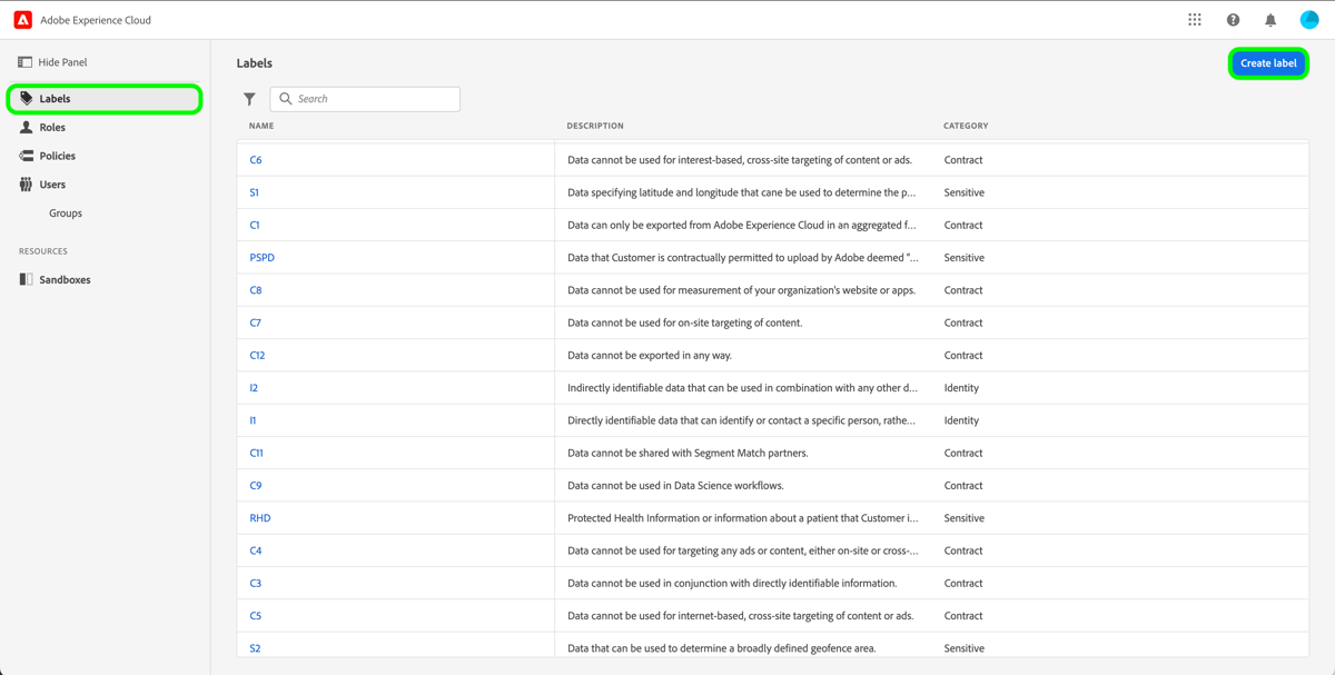 Attribute-based Access Control Manage Labels | Adobe Experience Platform