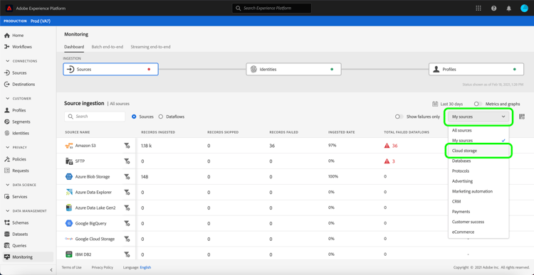 Monitor Dataflows for Sources in the UI | Adobe Experience Platform